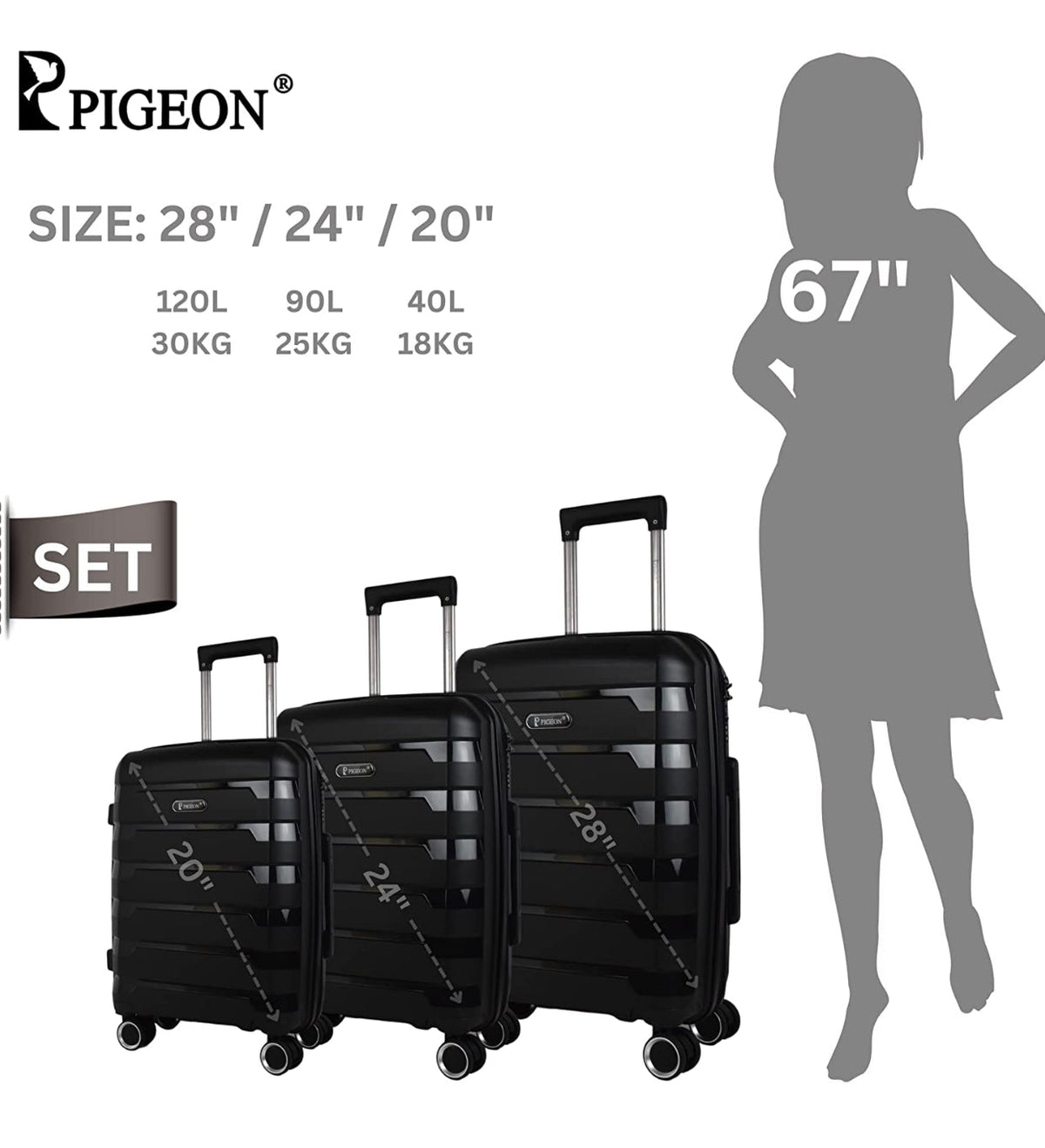 PIGEON Luggage Set With Double Secure Zipper - Total 11kg Lightweight 9 ...